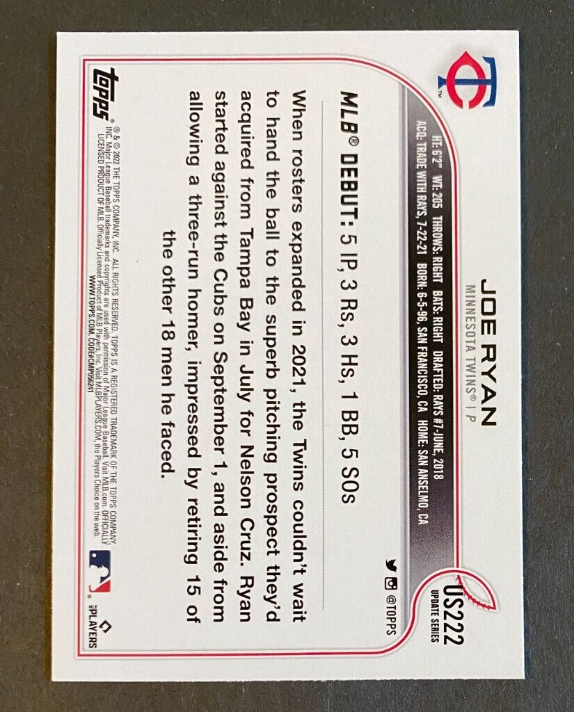 2022 Topps Update Joe Ryan BULK LOT OF **10* Rookie Debut Card #US222 ...