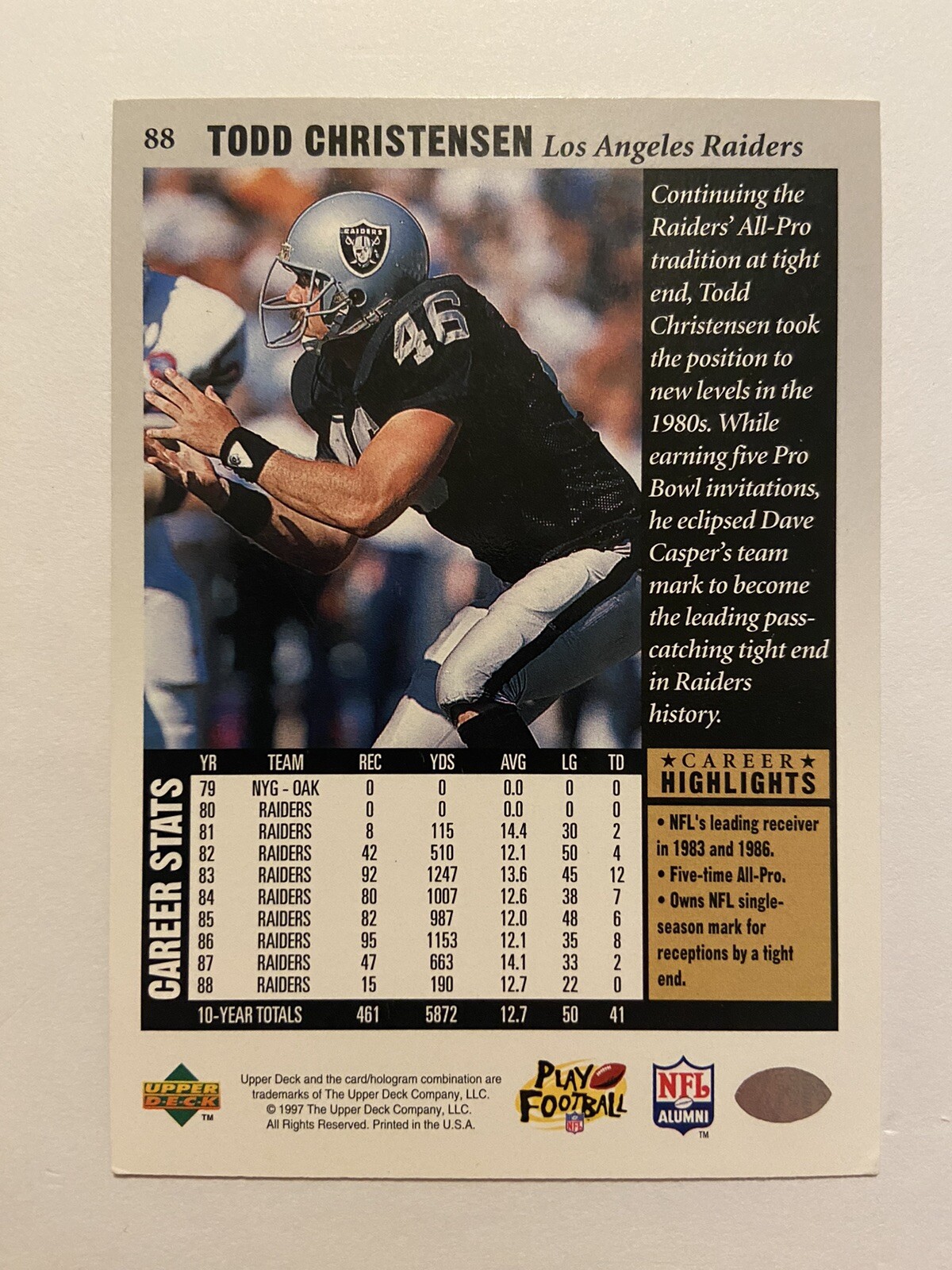 TODD CHRISTENSEN Hand Signed 1997 UD Legends #88 LA Raiders BYU ...