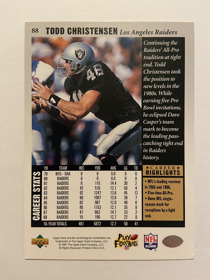 TODD CHRISTENSEN Hand Signed 1997 UD Legends #88 LA Raiders BYU ...