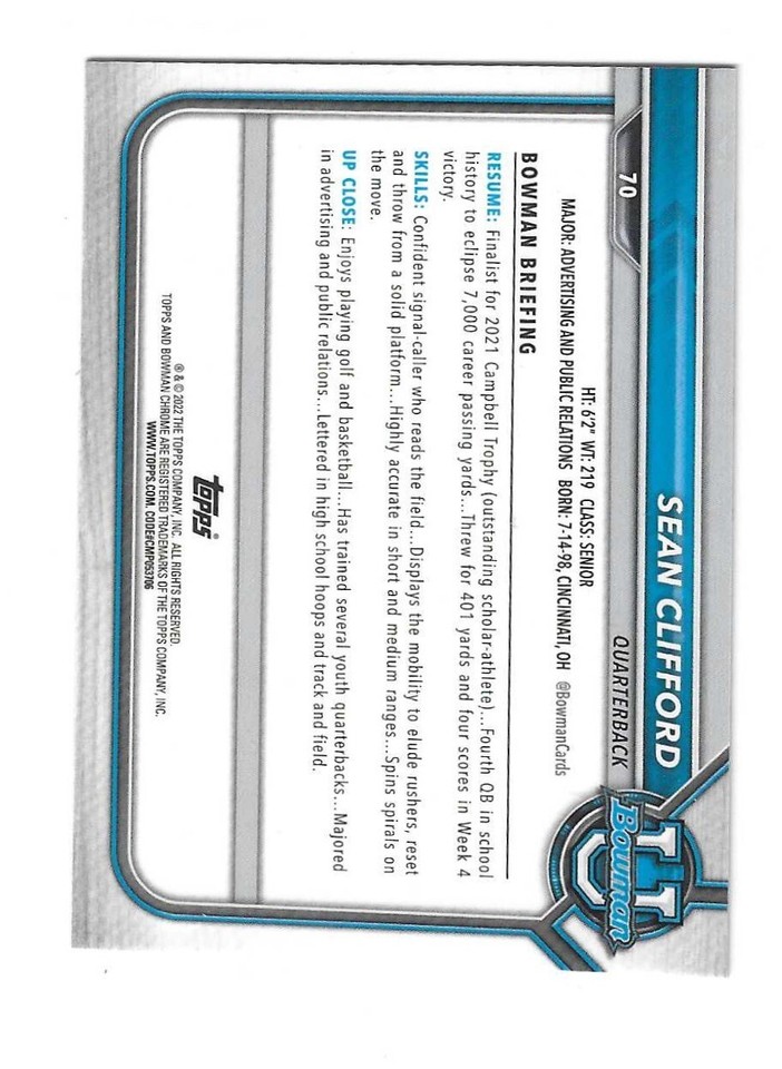 2022 Bowman University Sean Clifford Bowman 1ST Pink Parallel Rookie ...