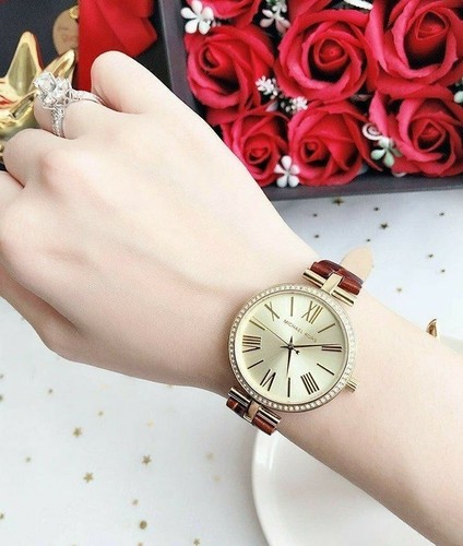 NEW MICHAEL KORS MACI GOLD TONE,PAVE,EMBOSSED BROWN LEATHER BAND WATCH ...