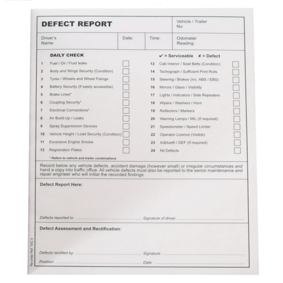 Vehicle Daily Check & Defect Duplicate Book 50 pages HGV Truck Van ...