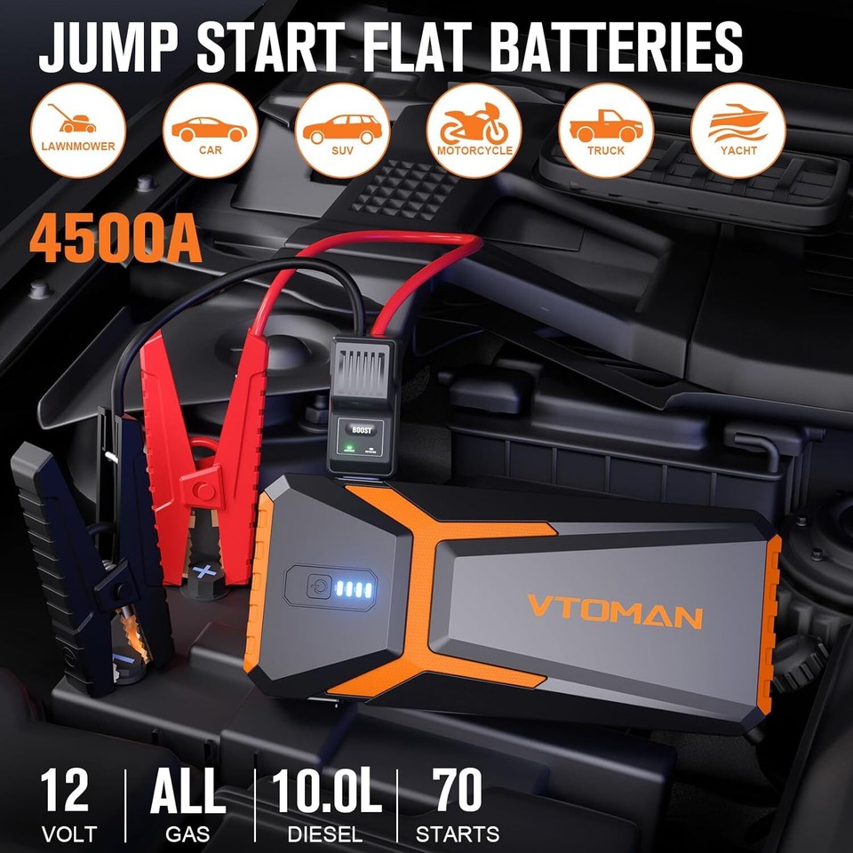 VTOMAN V10 Pro Jump Starter, 4500A Portable Car Starter 12V Lithium ...