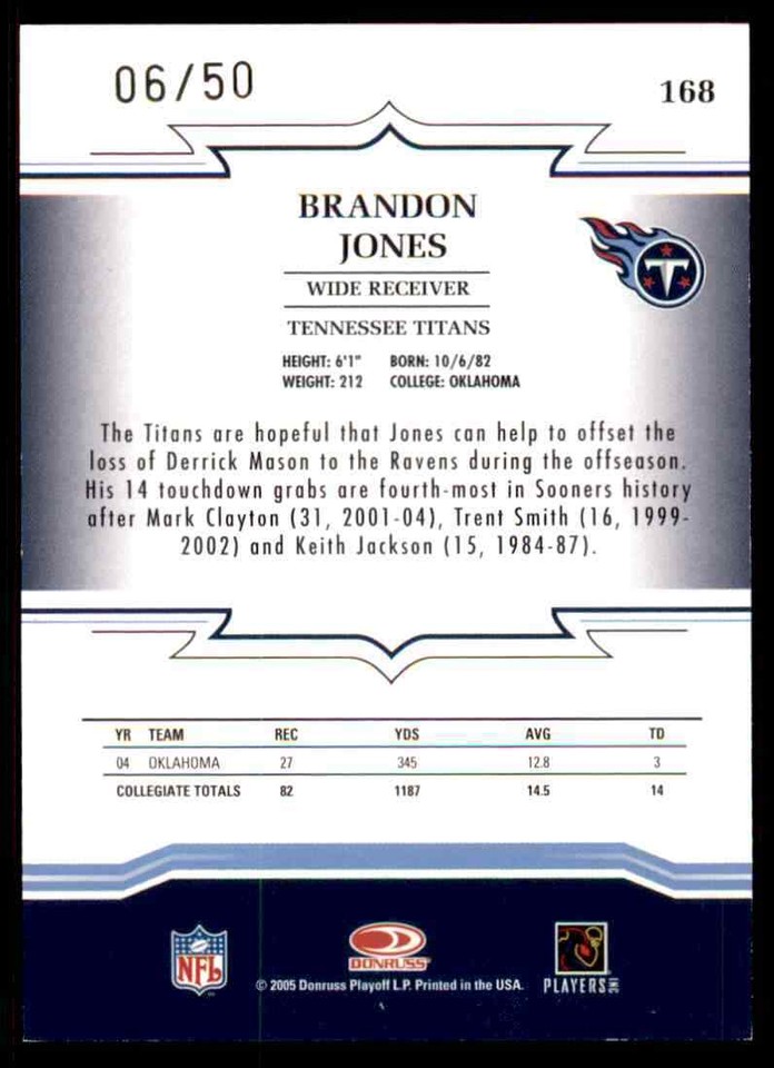 2005 Donruss Throwback Threads RC Rookie Brandon Jones 06/50 Tennessee ...