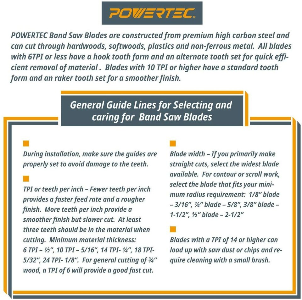 POWERTEC Bi-Metal Band Saw Blade,56-1/2" x 1/2" x 14 TPI for Benchtop ...