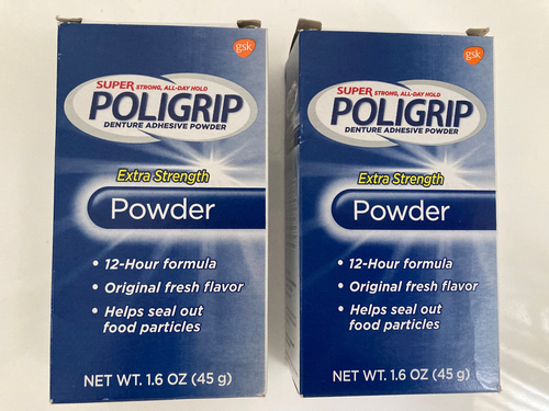 2 x Super Poligrip Extra Strength Denture Adhesive Powder Zinc Free 45g ...