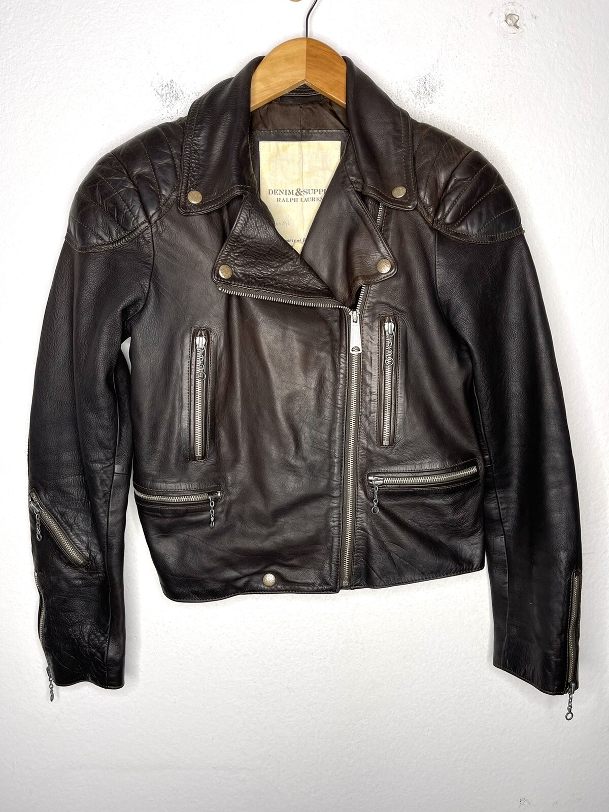 Ralph Lauren Small Brown Leather Jacket RRL Moto Polo VtG Biker Coat ...