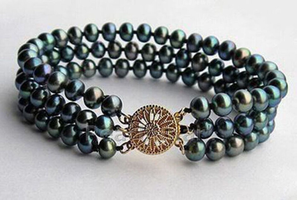 3 Rows Real Natural 6-7MM Black Akoya Cultured Pearl Bracelet 7.5'' | eBay