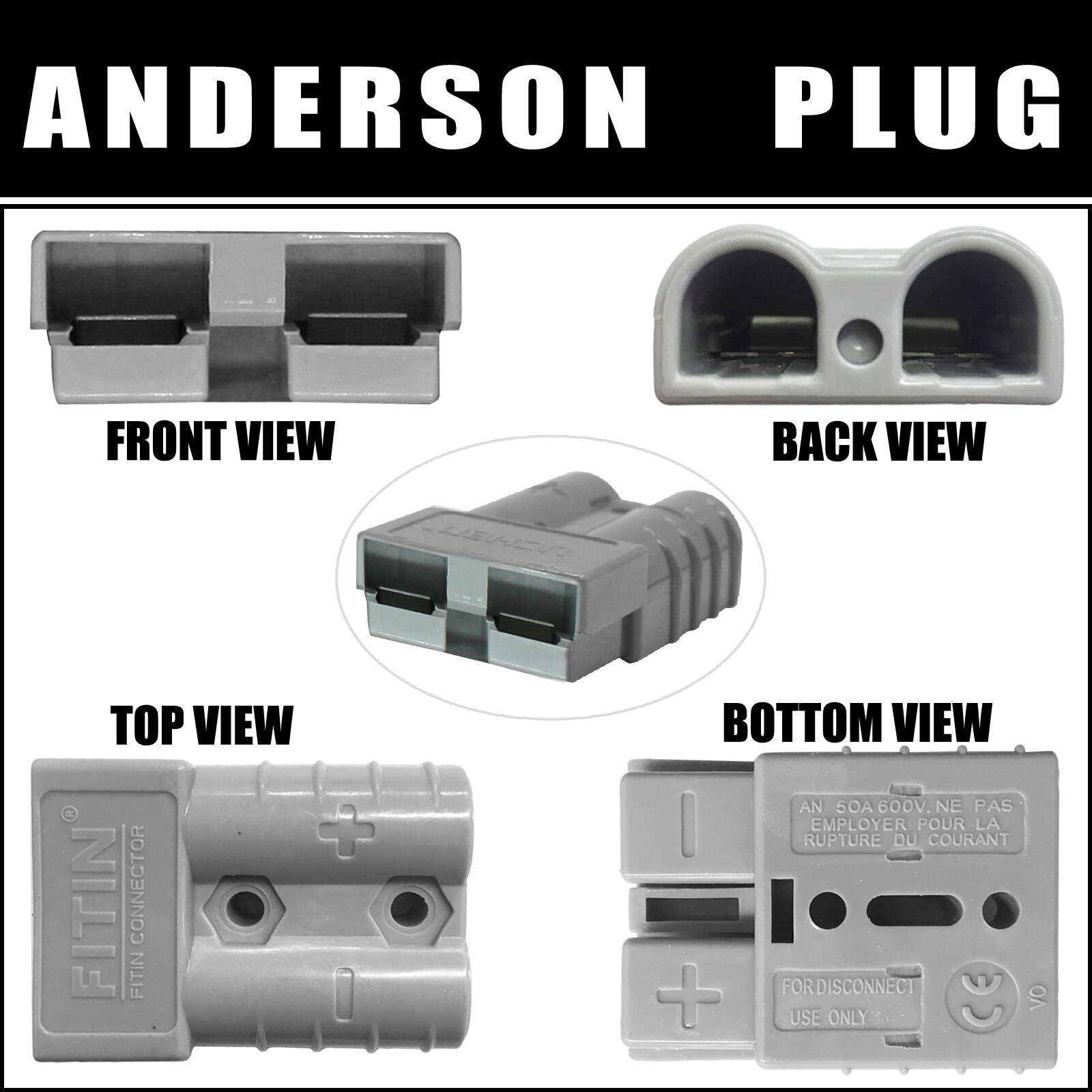 Anderson Plug flush Mount Dual + 2 x DUST CAPs + 2 x SB50 Plugs GREY ...