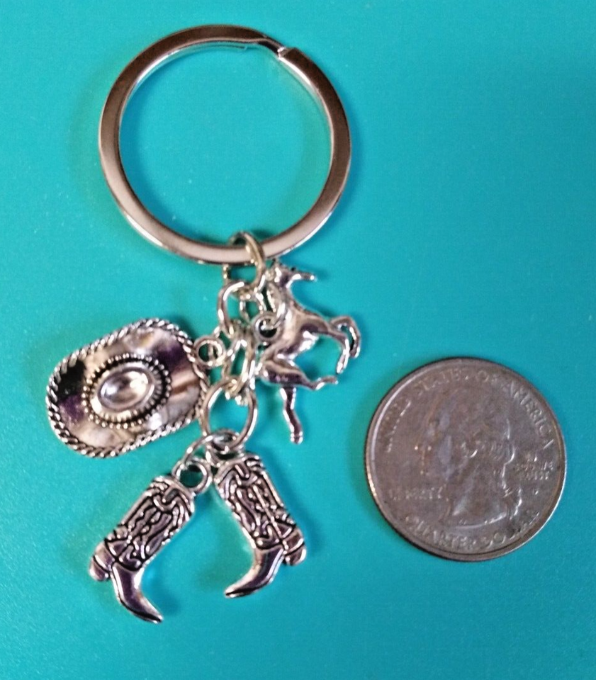 Western Cowboy Boots Hat Horse Charm Keyring Keychain Silver Tone 3D | eBay