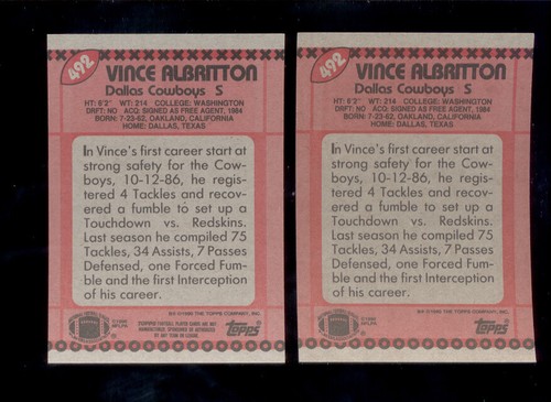 1990 Topps VINCE ALBRITTON Dallas Cowboys Card Lot both Disclaimer ...