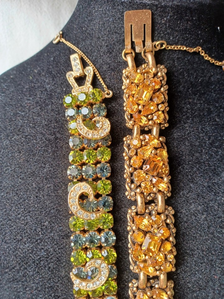 SPARKLY VINTAGE SIGNED BARCLAY AMBER GREEN CLEAR RHINESTONE BRACELET ...
