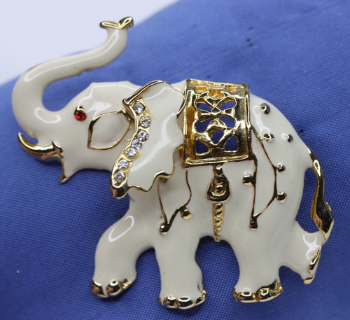 White Enamel & Gold Tone Rhinestone Elephant Brooch Ear Trembler Pin | eBay