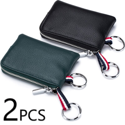 2PCS Soft Genuine Leather Car Key Bag for Men Women Coin Pouch Zipper ...