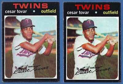2 Color Print Variations 1971 Topps Baseball Card #165 Cesar Tovar ...