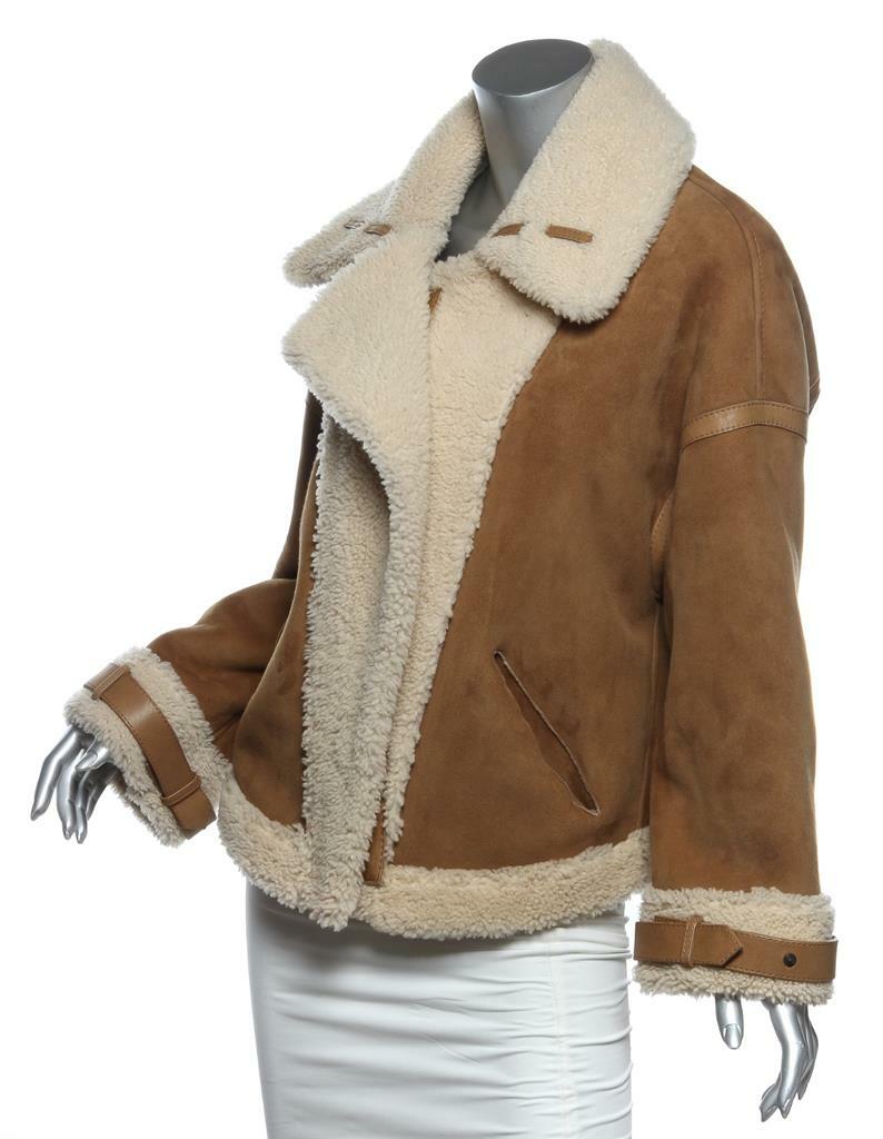 ARJE Womens Brown Cream Curly LUNA Shearling Reversible Suede Jacket Coat S | eBay