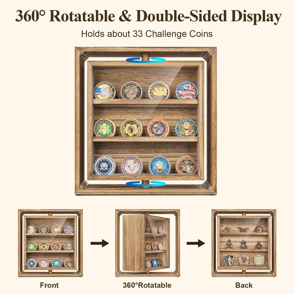 Double-Sided Rotating Challenge Coin Display, Wooden Military Coin ...