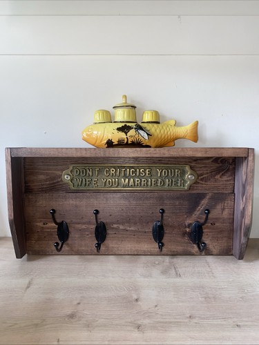 Wooden Coat Rack and Shelf Handmade 4 Hooks And Brass Saying Mounted | eBay
