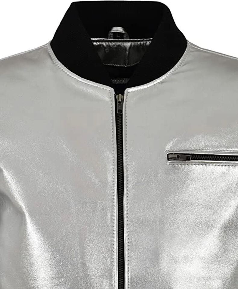 Men's Real Leather Shinny Silver Metallic Foil Jacket Bomber Biker ...