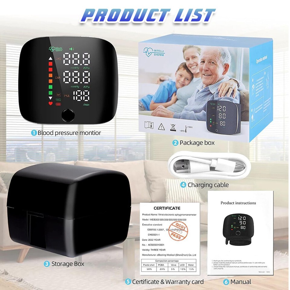 LED Blood Pressure Monitor Wrist Rechargeable Voice Broadcast Heart ...