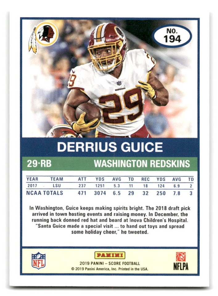 Derrius Guice 2019 Score #194 Washington Redskins FOOTBALL | eBay