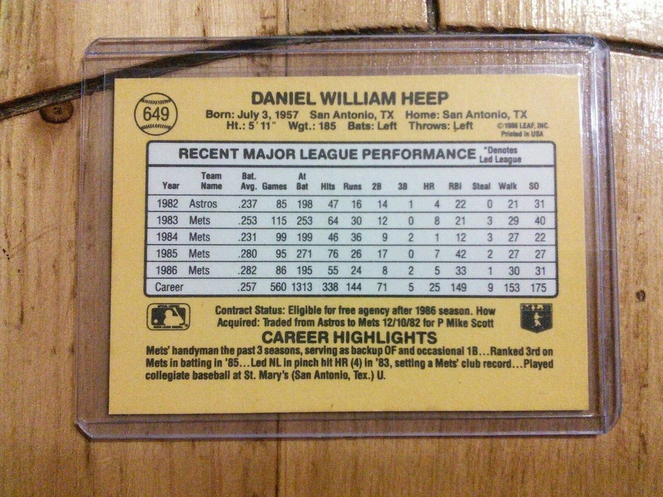 1987 Donruss New York Mets Baseball Card #649 Danny Heep VG | eBay