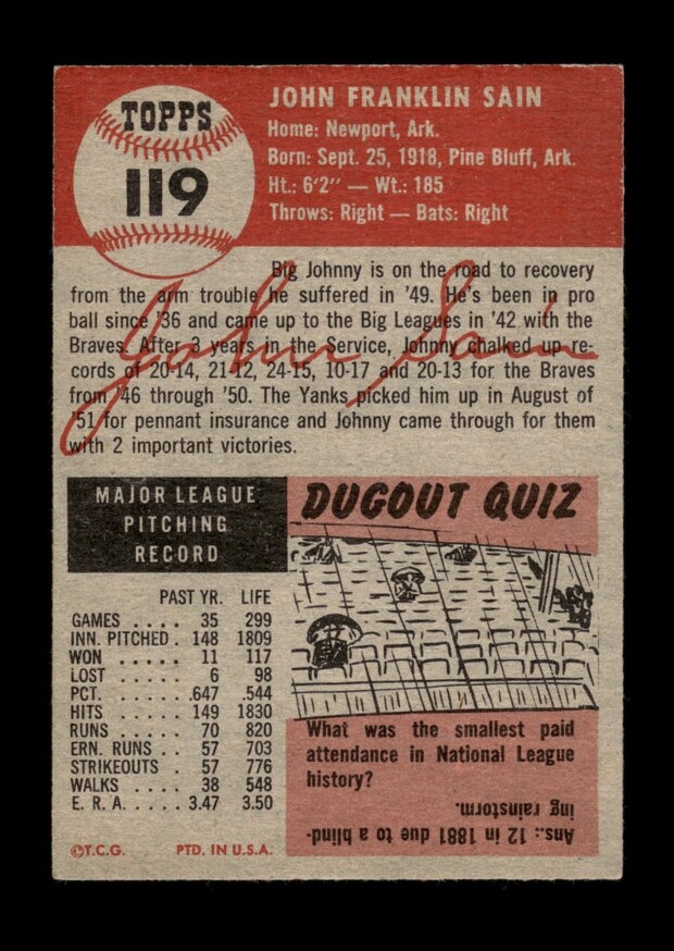 1953 Topps Set-Break #119 John Sain EX-EXMINT *GMCARDS* | eBay