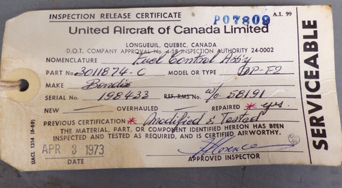 Pratt & Whitney PT6 Bendix Fuel Control Unit PN: 3011874 (EB231024787 ...