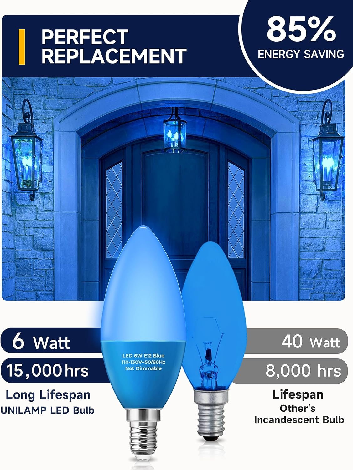 Blue Light Bulbs, 6W LED Blue Colored Bulb 40 Watt Equivalent, E12 B11 ...