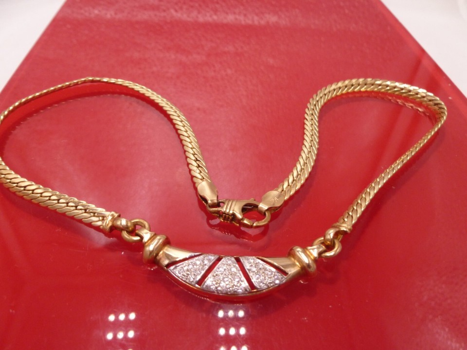 Vintage 14K Yellow Gold Pave Set Diamonds Necklace Herringbone Chain ...