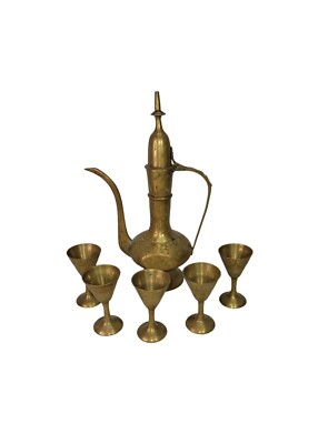 Vintage India Etched Brass Dallah Style 6 Pc Tea set 10" Pitcher & 3 ...