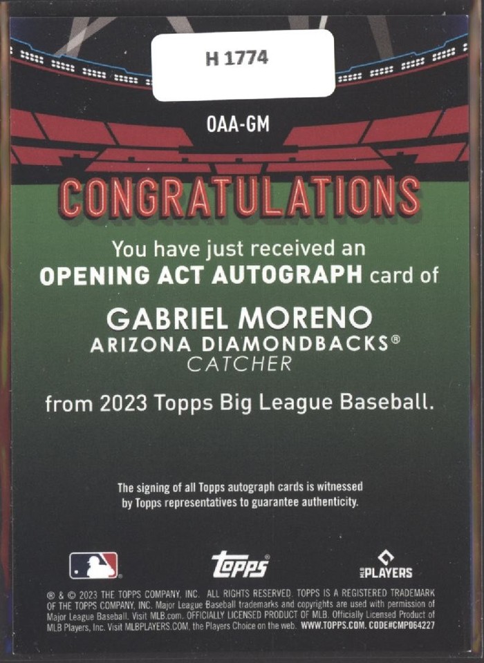 2023 Gabriel Moreno Topps Big League Opening Act Auto RC #OAA-GM (H1774 ...