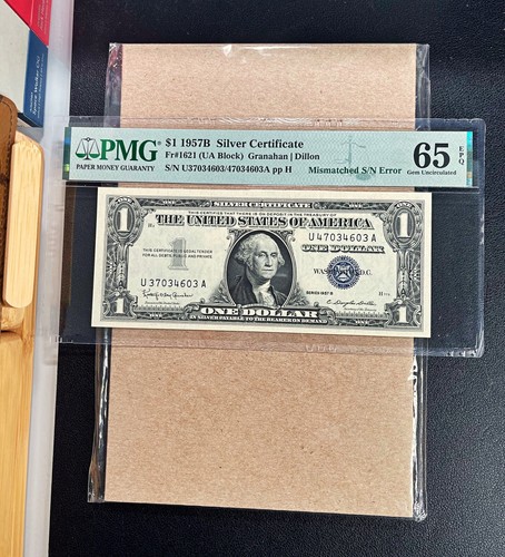 Fr.1621 1957B $1 Silver Certificate "MISMATCHED SERIAL # ERROR" PMG 65 ...