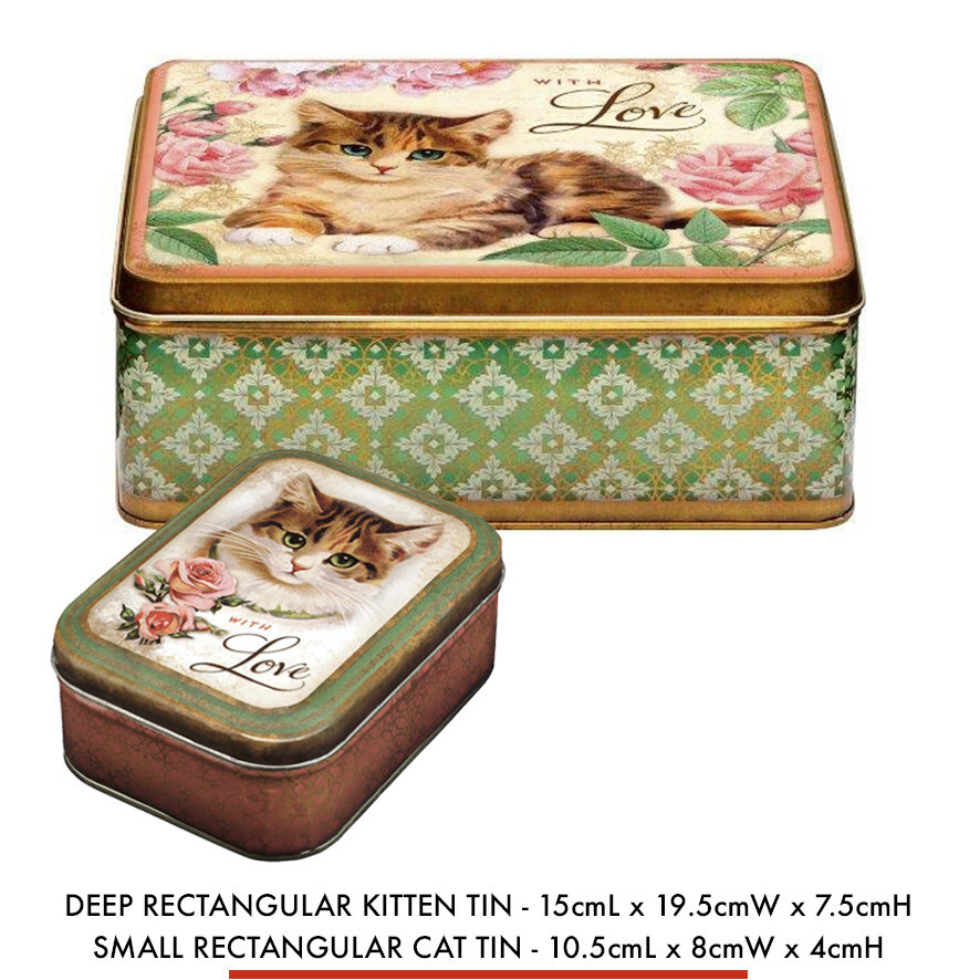 2 CAT & KITTEN TIN BOX Rose Keepsake Nostalgia Retro Storage Victorian ...