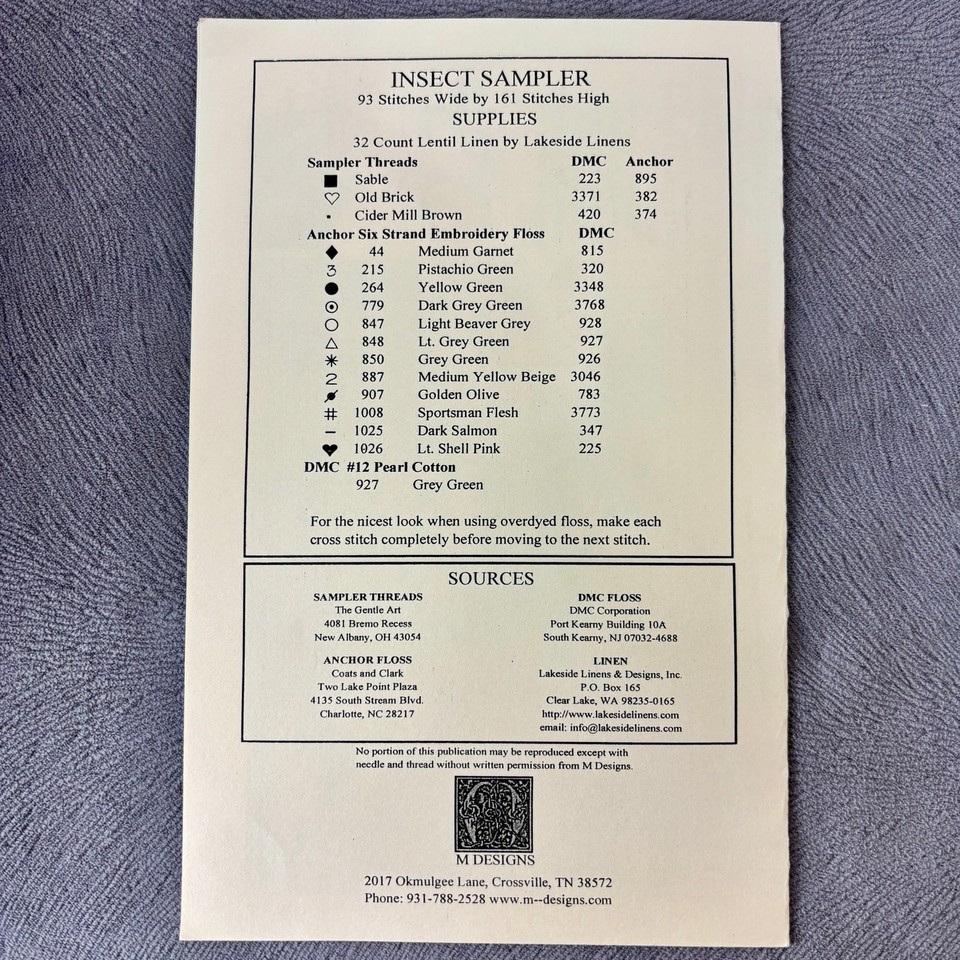 M Designs Insect Sampler Counted Cross Stitch Needle Art Chart #20 | eBay