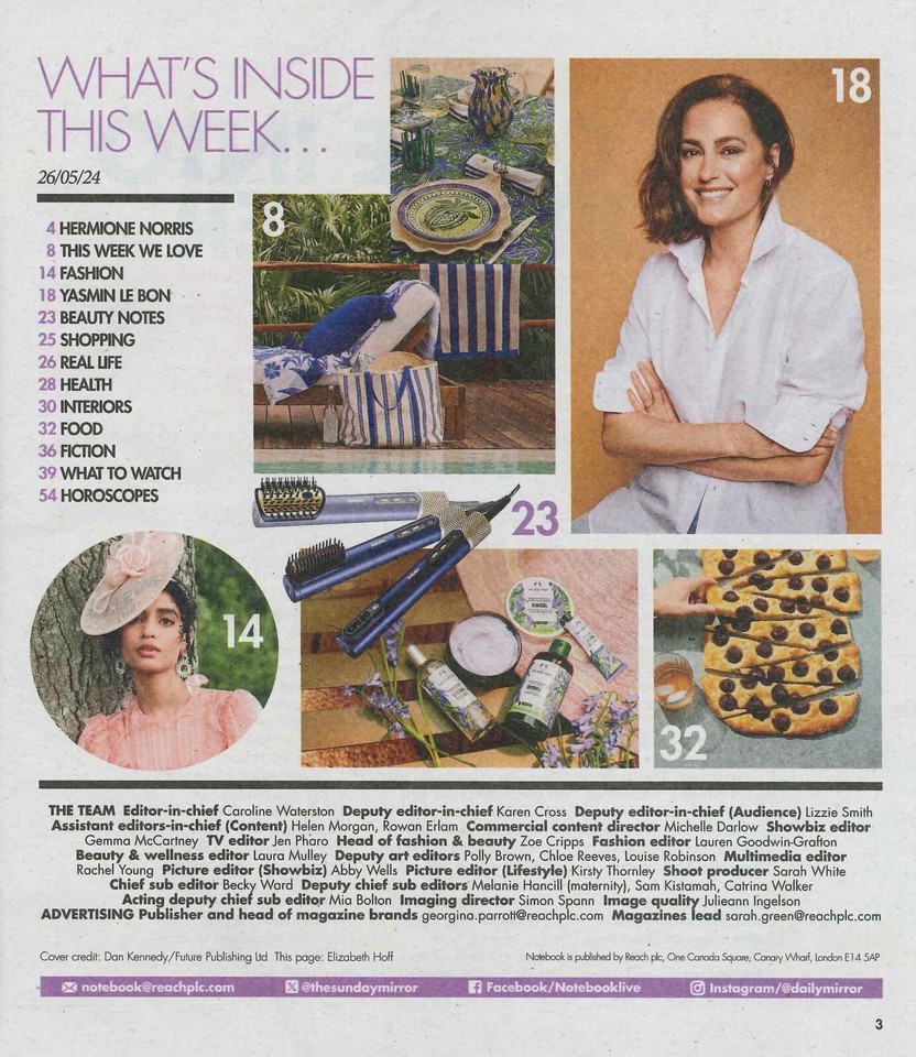 UK Sunday Mirror Notebook Magazine: Hermione Norris, Yasmin Le Bon, 26. ...