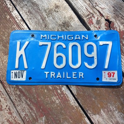 1997 Michigan TRAILER License Plate - "K 76097" (white on blue) NOV 97 ...