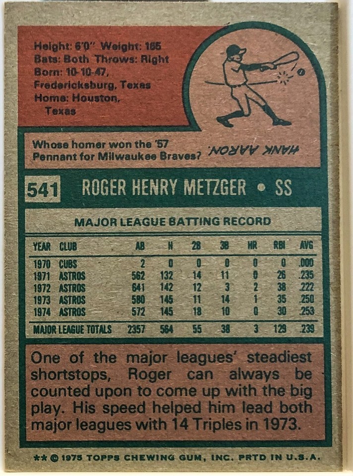 1975 Topps Baseball Card #541 Roger Metzger Houston Astros | eBay
