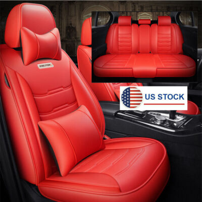 Red Car Seat Covers Front & Rear Pad Interior PU Leather Cushion ...
