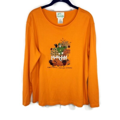 Quacker Factory Fall Thanksgiving Embroidered Orange Top Long Sleeve ...