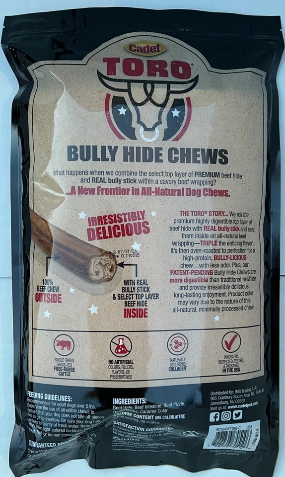 Cadet Toro Bully Hide Sticks All-Natural Dog Chews, 12 PACK of 9”-12” 1 ...
