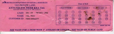 1995 MICHIGAN DNR ANTLERLESS DEER BACK TAG KILL TAG #2-MICHIGAN DEER ...