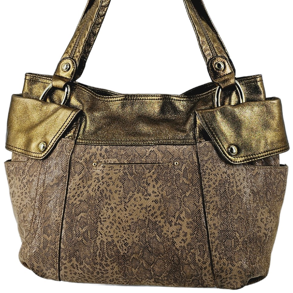 B MAKOWSKY Metallic Gold Pebble Leather and Python Printed Leather Shoulder Bag | eBay