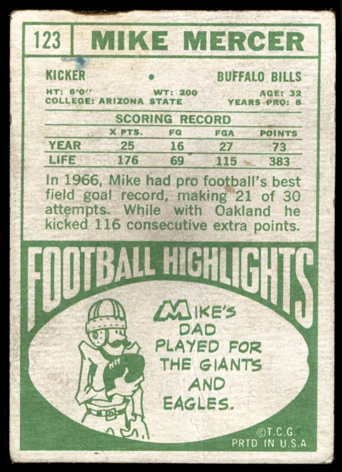 1968 TOPPS {DAMAGED} MIKE MERCER BUFFALO BILLS #123 | eBay