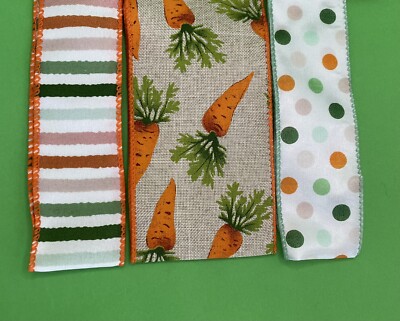 Spring Easter Trio Dot Stripe Carrot Ribbon 1.5"-2.5" X 5 Yards Ea ...