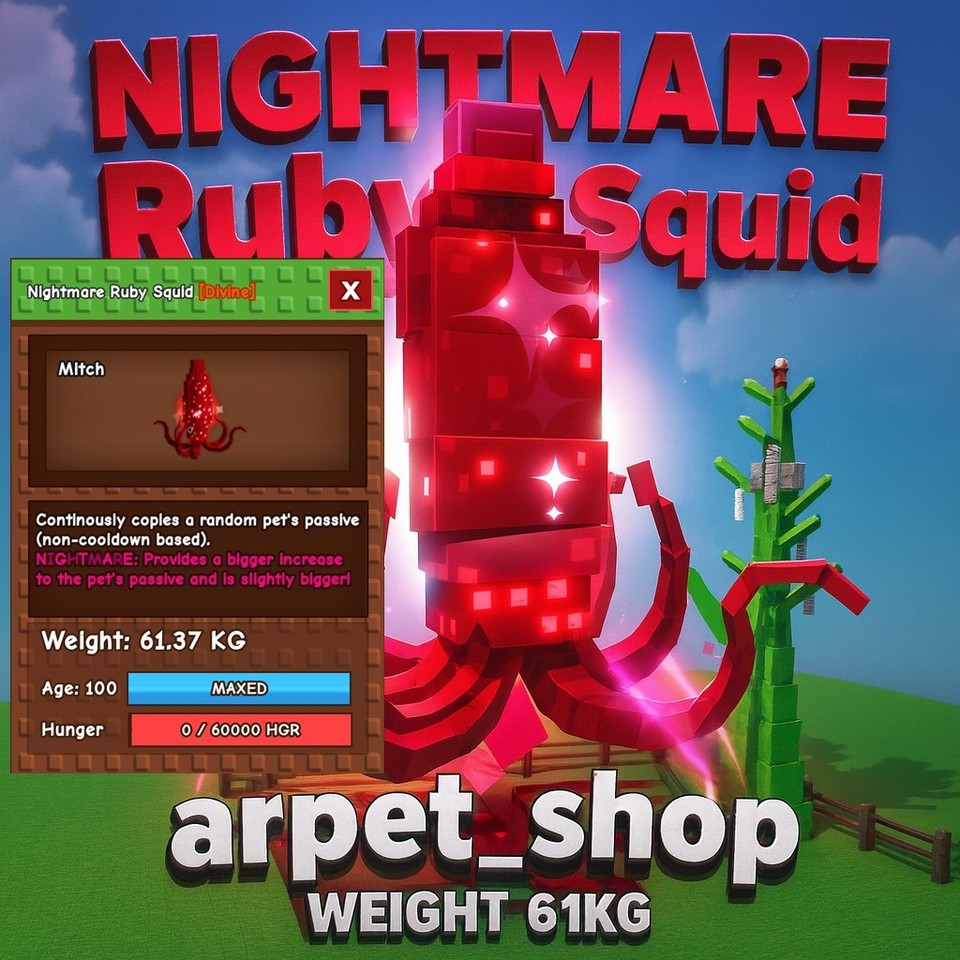 [🐶] Roblox GROW A GARDEN | NIGHTMARE RUBY SQUID 28~61KG+ | INSTANT DELIVERY☑️ | eBay