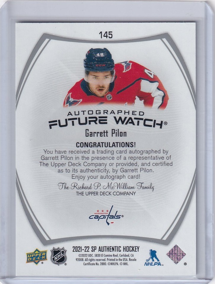 2021-22 SP Authentic Future Watch AUTO SP /999 Garrett Pilon RC #145 ...
