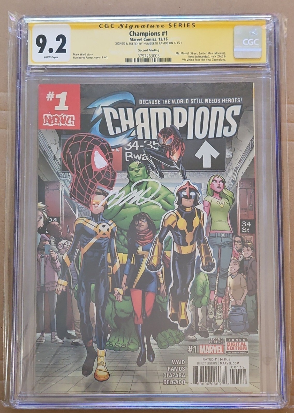 Champions #1 - 2nd Print Variant - CGC SS 9.2 - Auto + Sketch Art Ramos ...