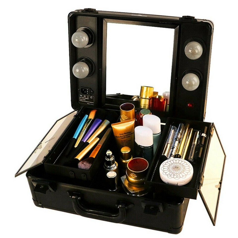Lockable Makeup Case LED Lighted Table Desk Vanity Mirror 2-Tier Tray ...