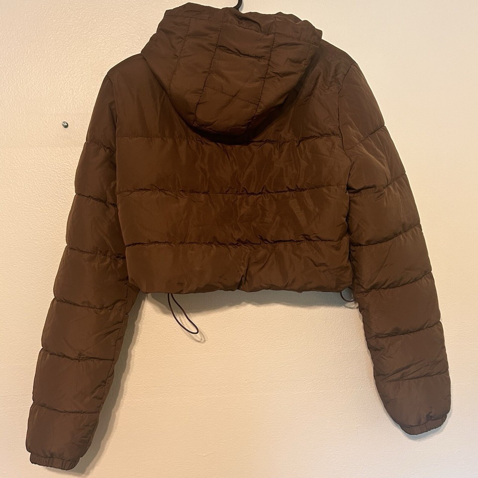Cropped Puffer Jacket Brown Hooded Women’s Cinched Trendy Puffer Coat ...